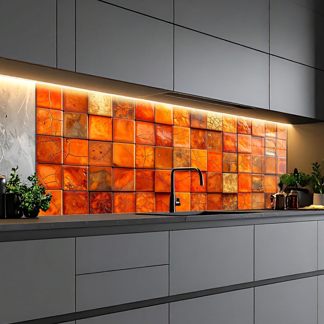 Pyramid Cube Orange Kitchen Backsplash – Tempered Glass Wall Panel With ...
