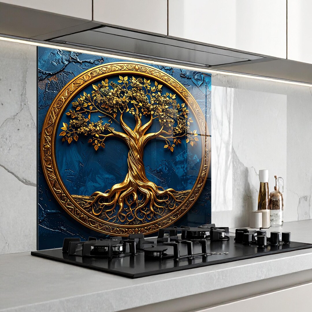 Blue Gold Tree of Life Kitchen Backsplash – Luxury Tempered Glass Wall ...