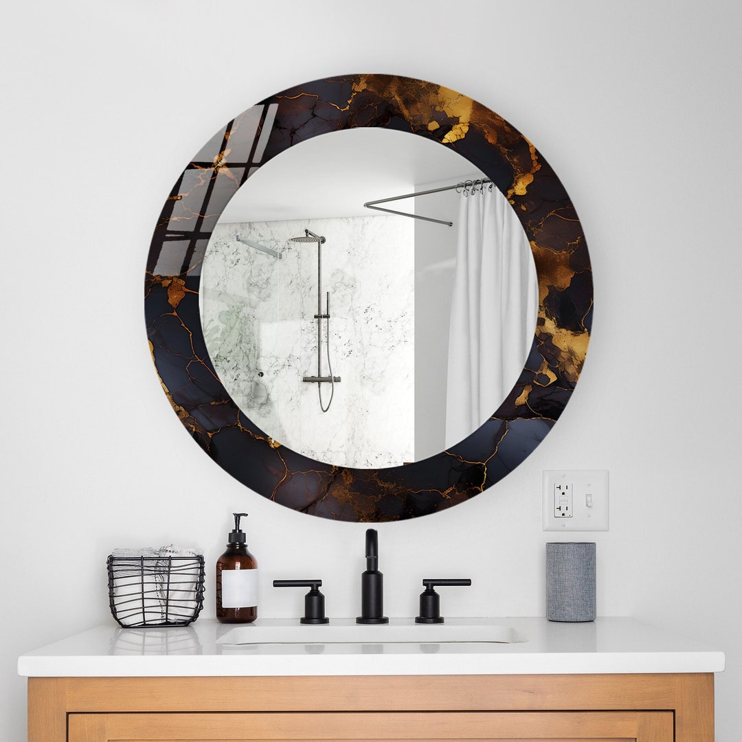 Round Mirror Wall Decor, Mirror Glass Decor, Marbling Theme Wall Art ...