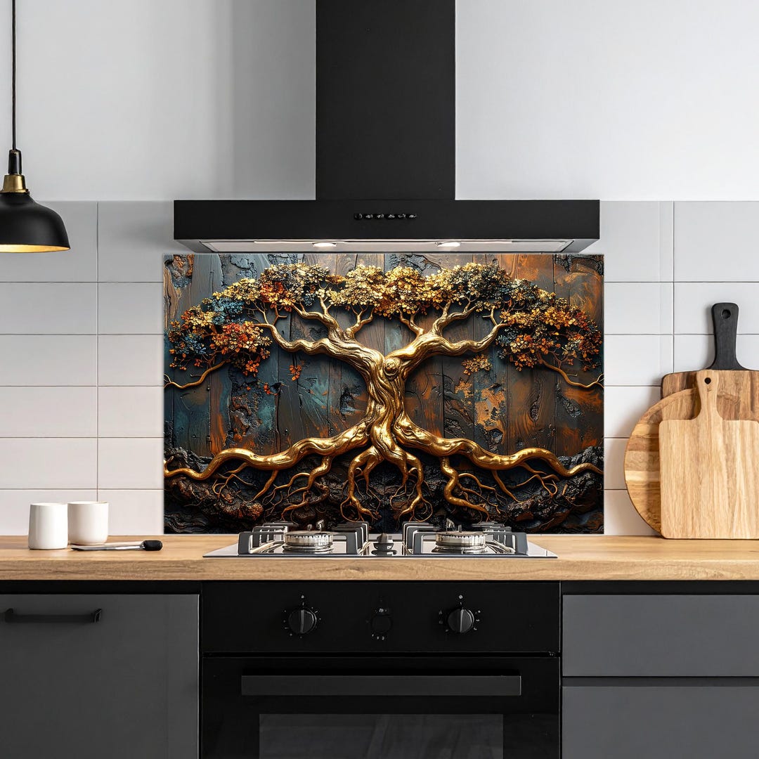 Golden Tree of Life With Roots Kitchen Backsplash – Wooden Texture ...