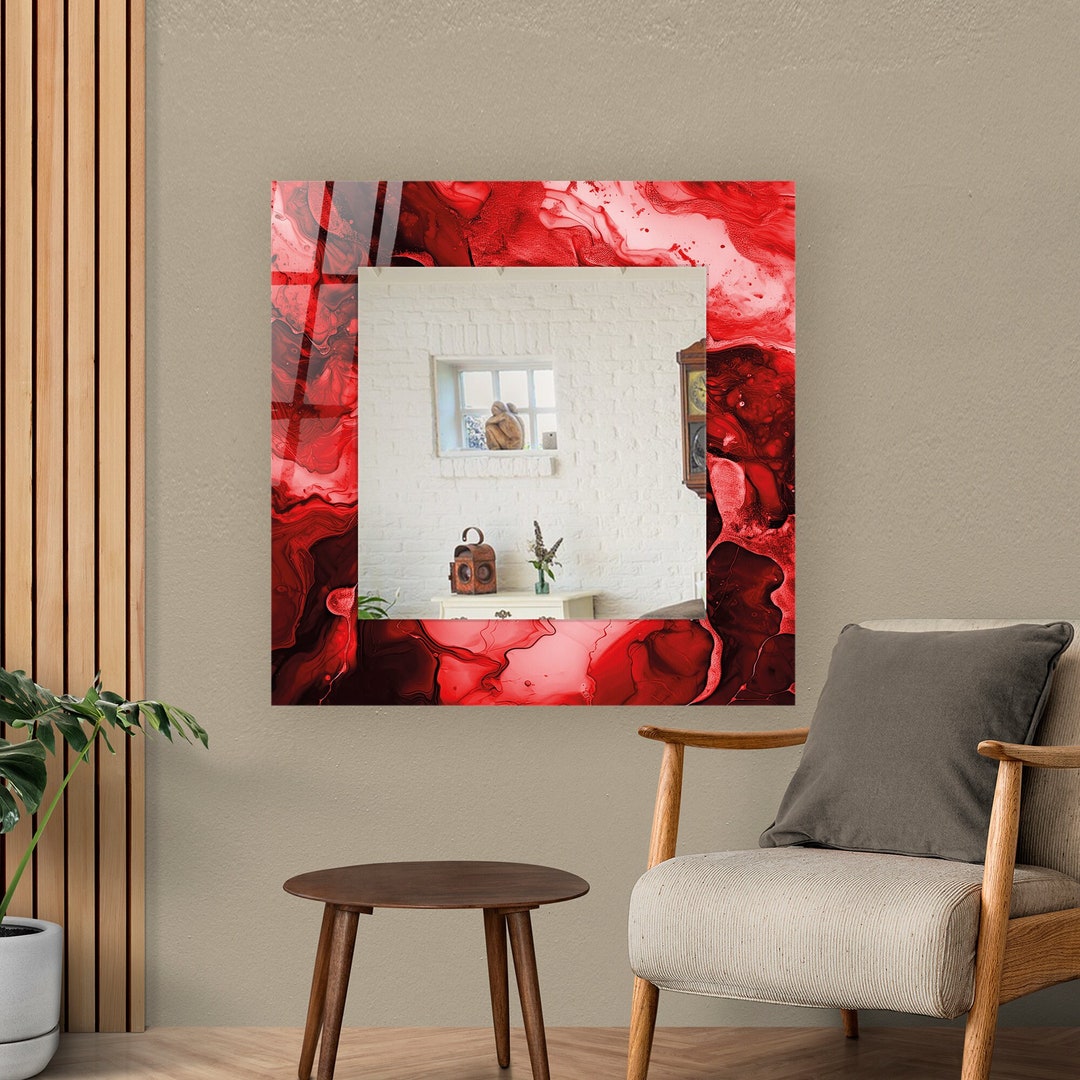 Red Mirror, Mirror for Living Room, Red Square Wall Mirror, Marbling ...