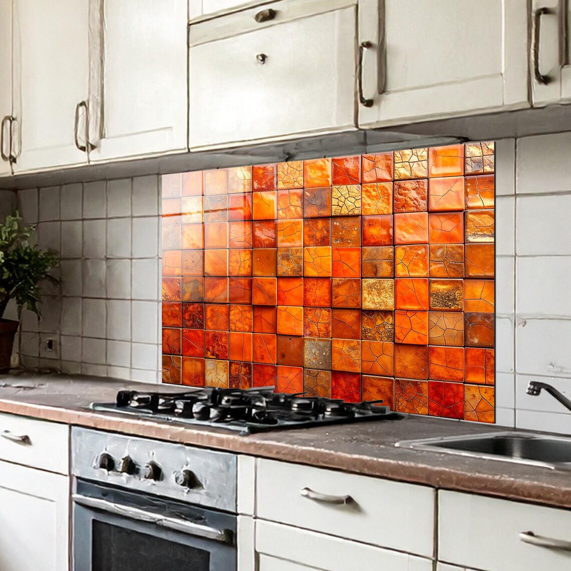 Pyramid Cube Orange Kitchen Backsplash – Tempered Glass Wall Panel With ...