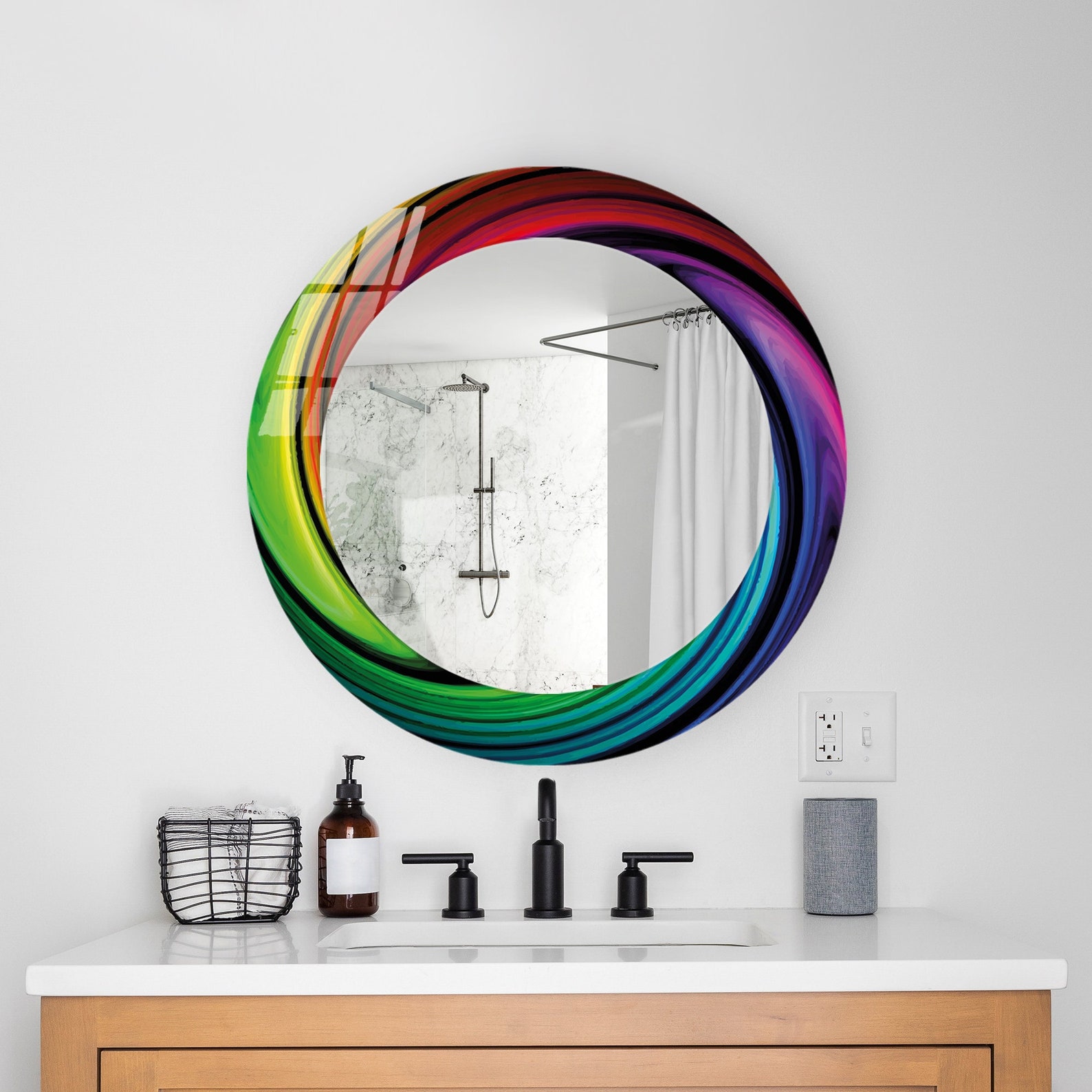 Abstract Spin Colors Design With Mirror Wall Decor, Bathroom Mirror ...