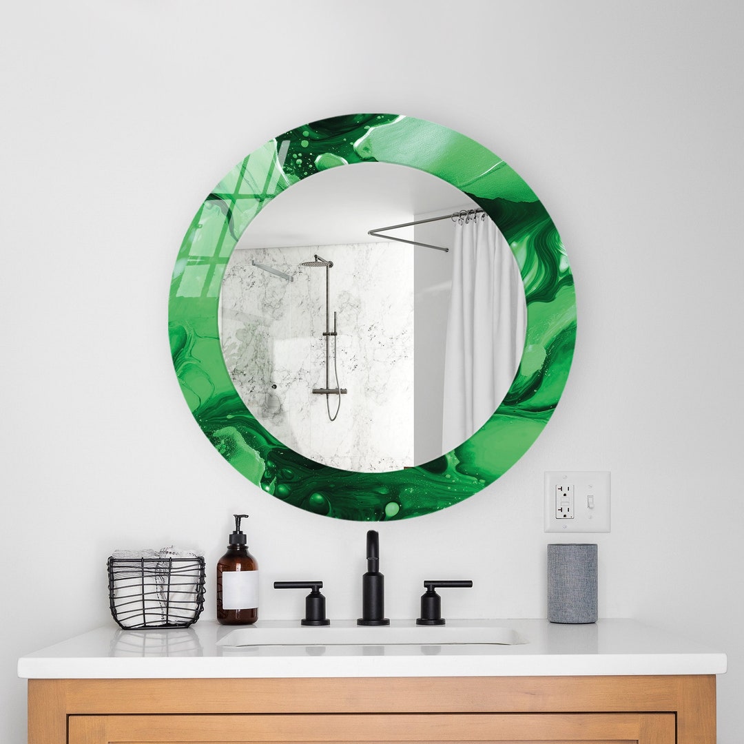 Green Round Mirror, Green Mirror for Living Room, Green Bedroom Mirror ...
