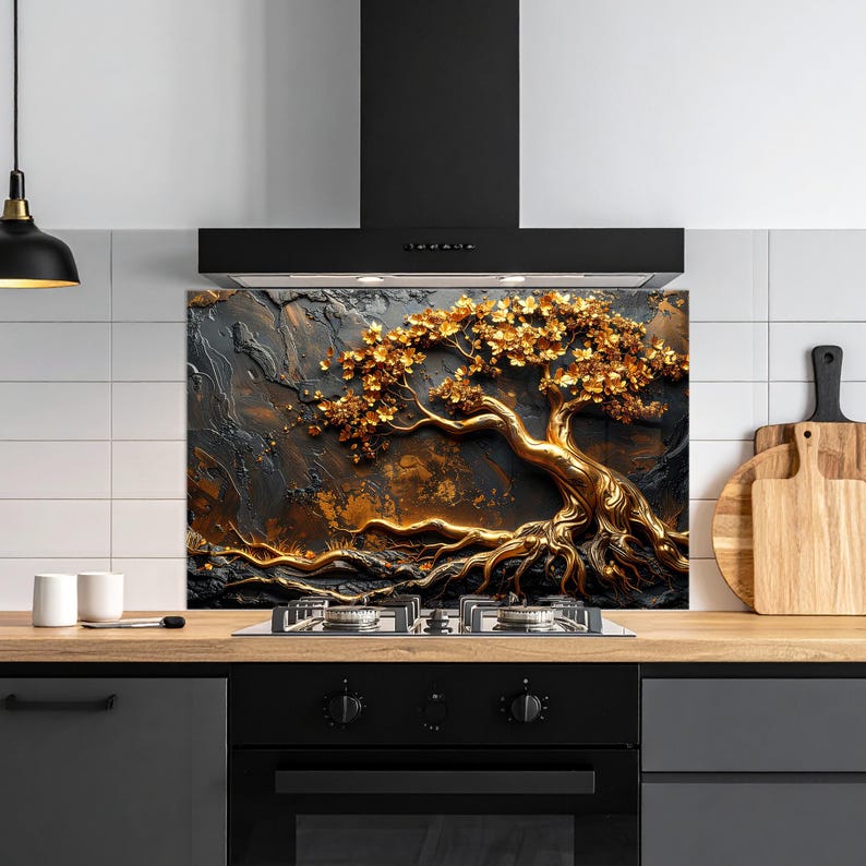 Golden Tree of Life Tempered Glass Kitchen Backsplash – Luxury Black ...