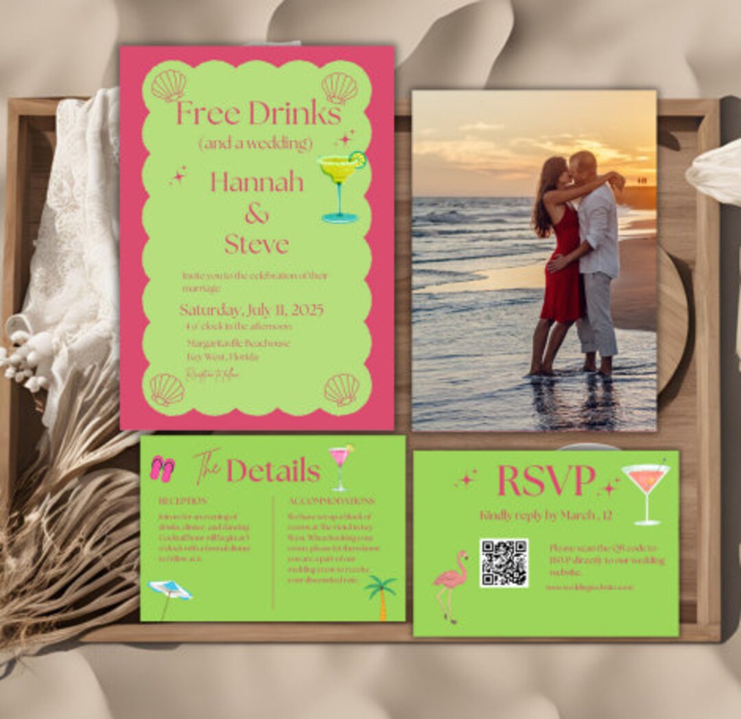 Fun Beached Themed Wedding Invitation Template Bundle: Double-sided ...
