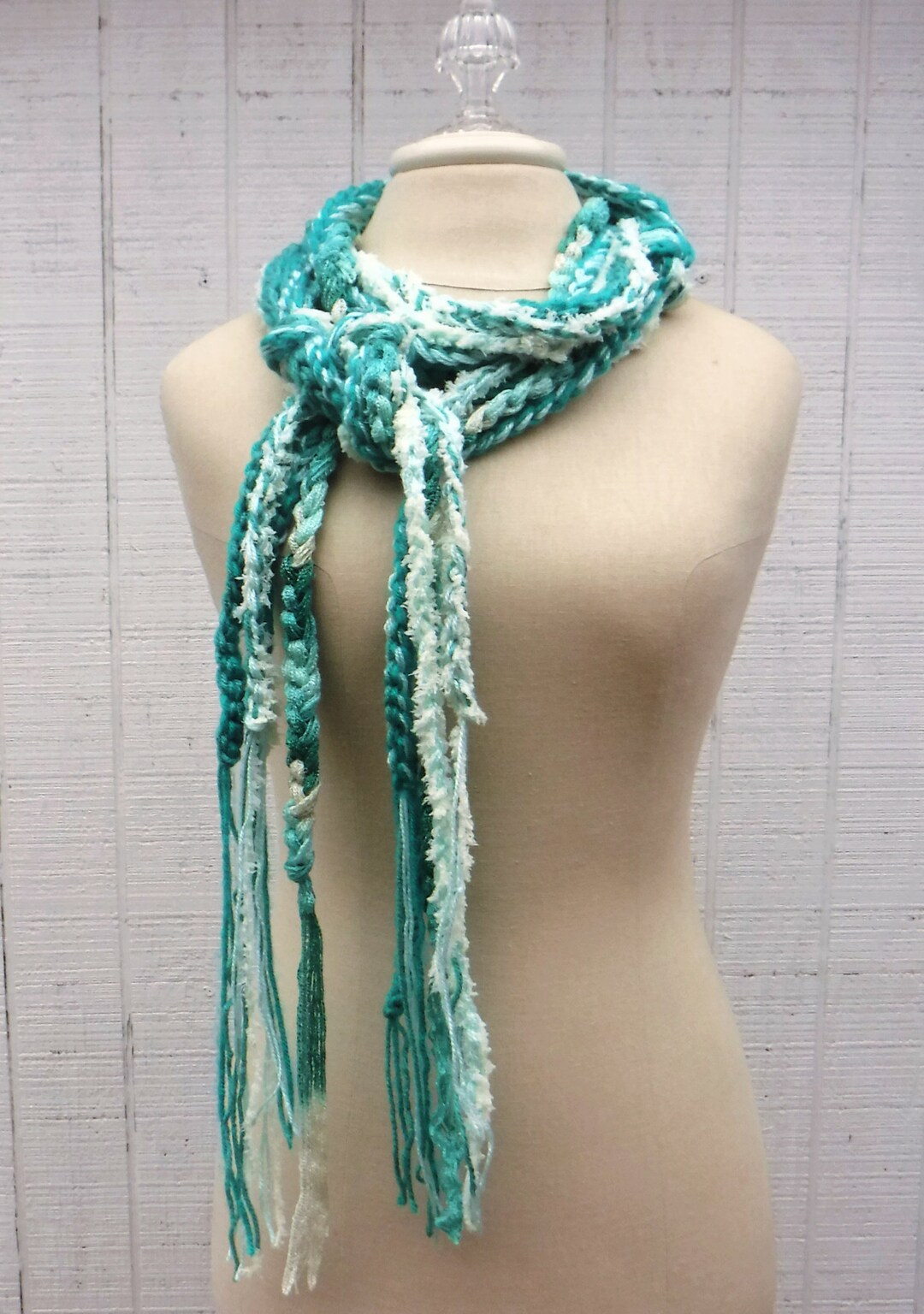 Milky Mint Green Scarf Women/ooak Women Crochet Scarf/gypsy Braids Fringe Scarf Skinny Boho ...