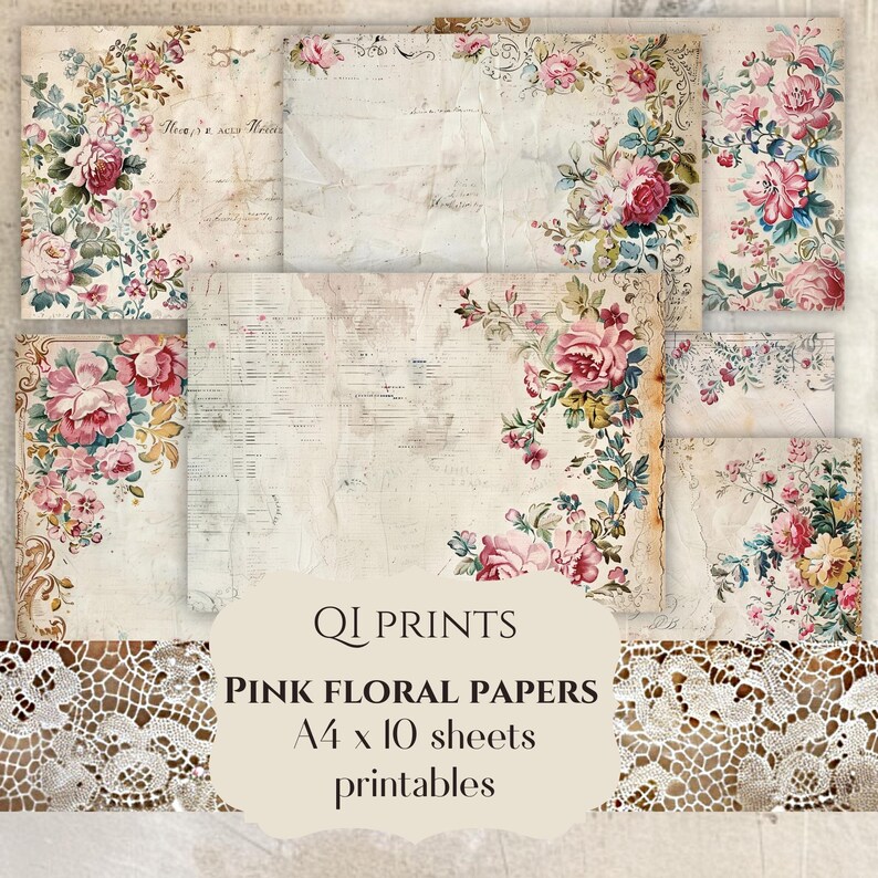 Pink Floral Junk Journal Paper, Shabby Chic Rose Printables (digital ...