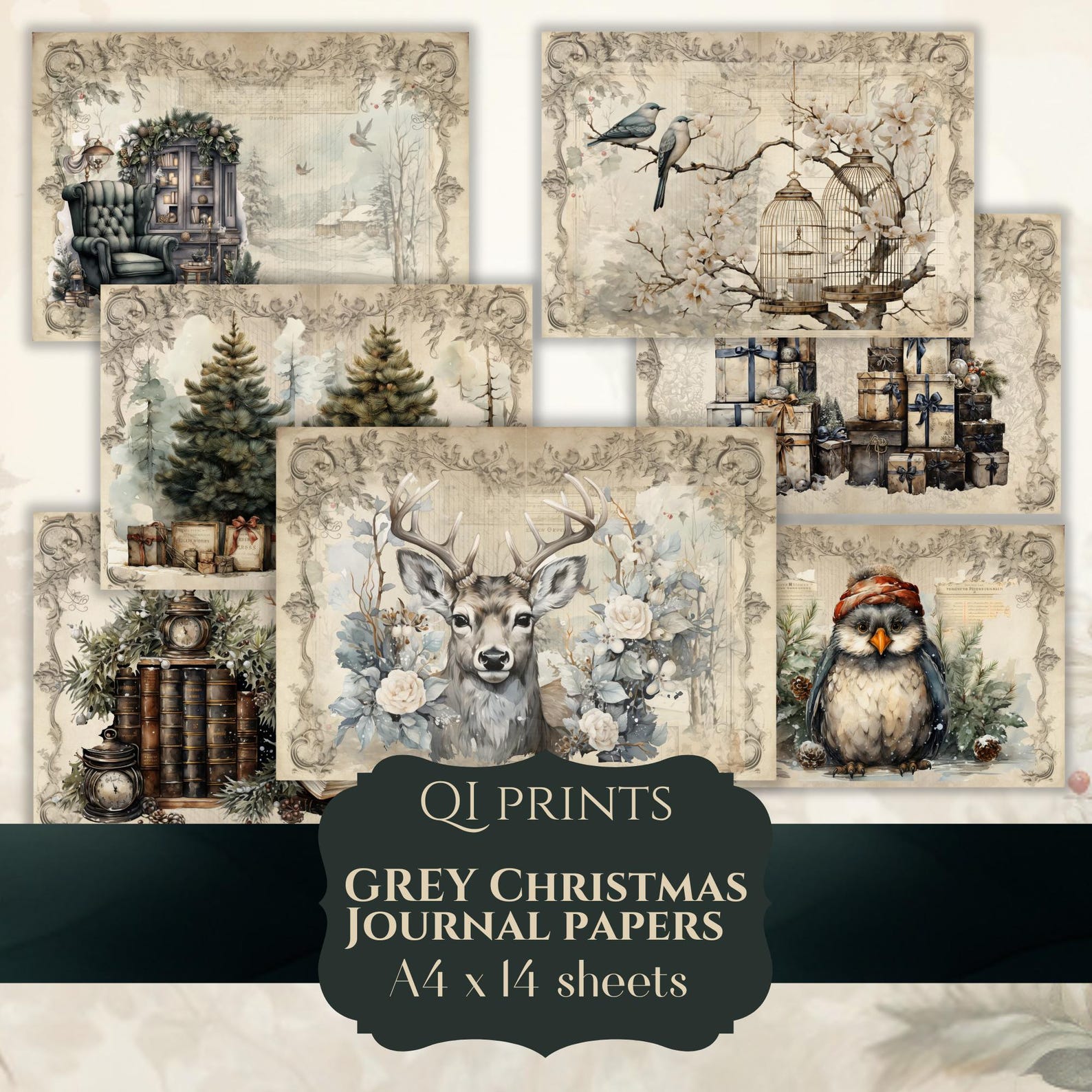 Christmas Digital Papers, Grey Christmas Prints, Instant Digital ...