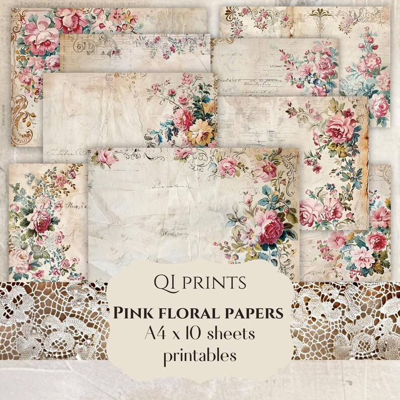 Pink Floral Junk Journal Paper, Shabby Chic Rose Printables (digital ...