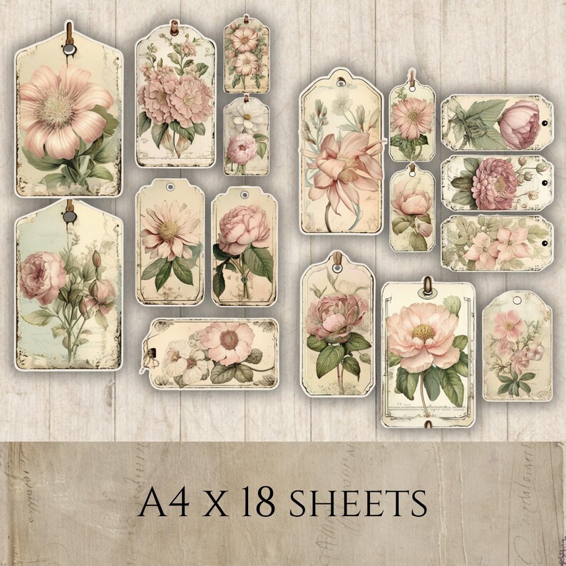Shabby Pink Floral Tags, Vintage Printable, Commercial Use (digital ...