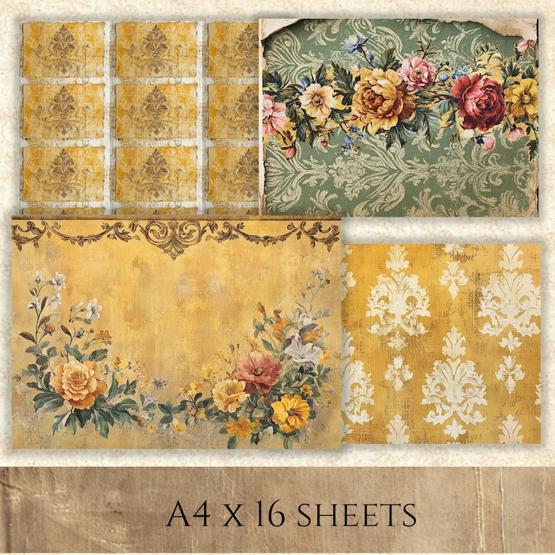 Yellow Journal Paper, Yellow Floral Paper, Retro Paper, Damask Print ...