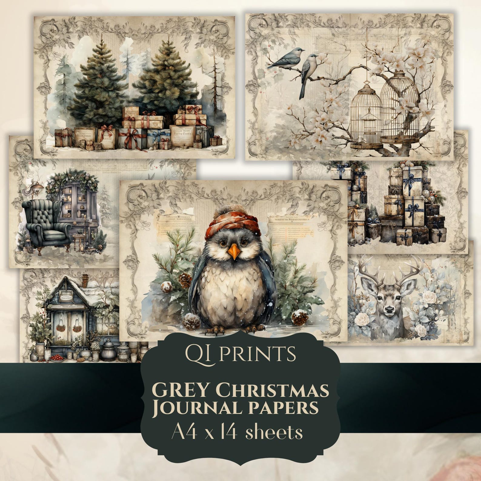 Christmas Digital Papers, Grey Christmas Prints, Instant Digital ...