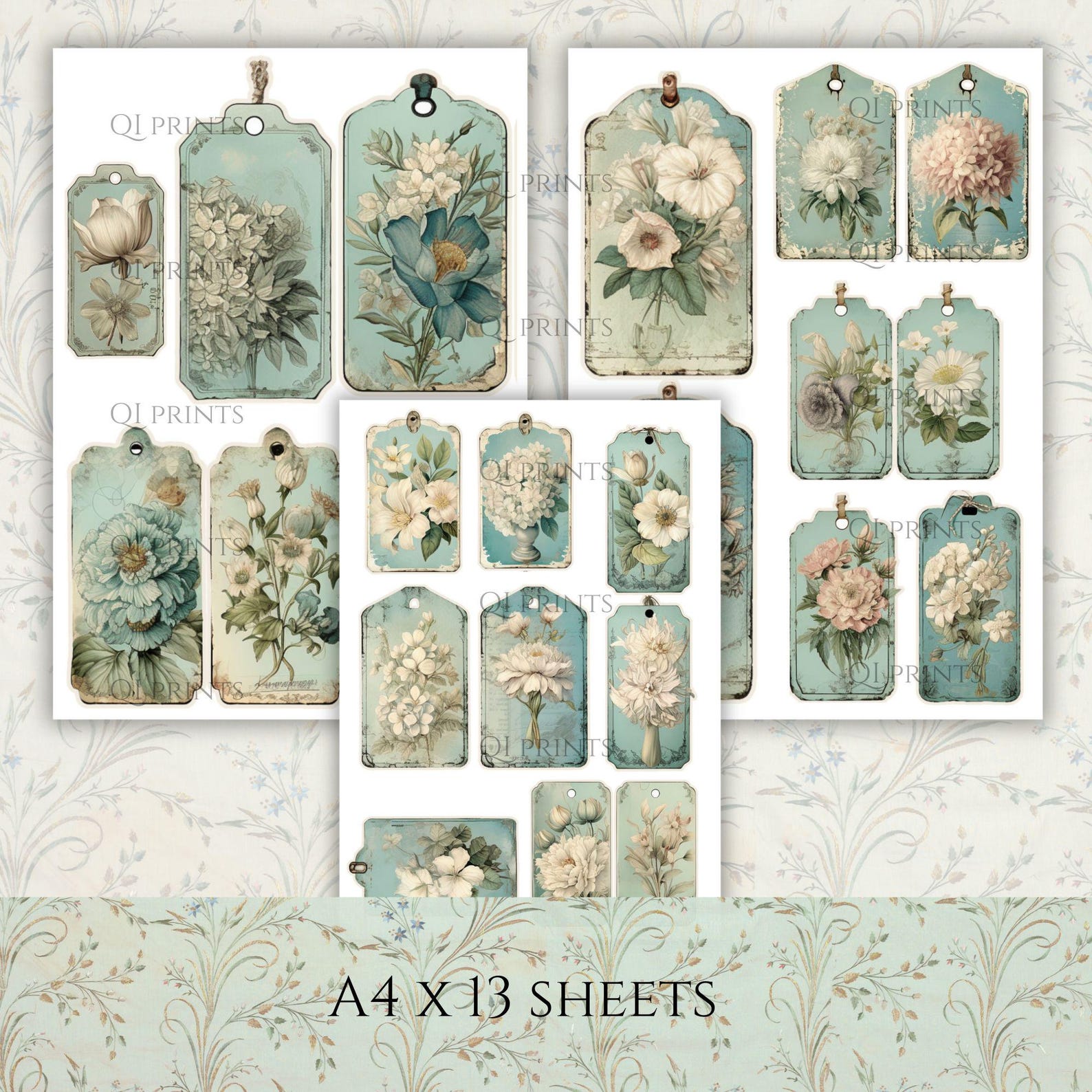 Teal Floral Digital Download Prints, Printables, Shabby Teal Tags ...