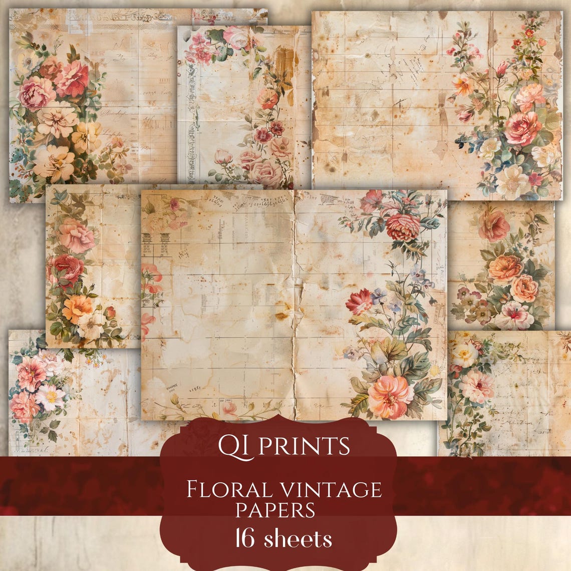 Floral Vintage Digital Papers, Digital Downloads, Autumn Digital Papers ...