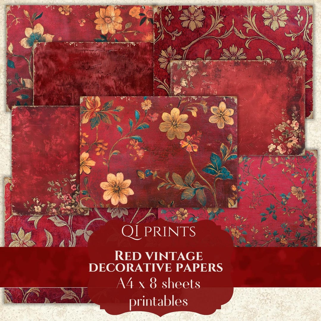 Red Vintage Paper, Red Floral Paper, Christmas Paper, Digital Download ...