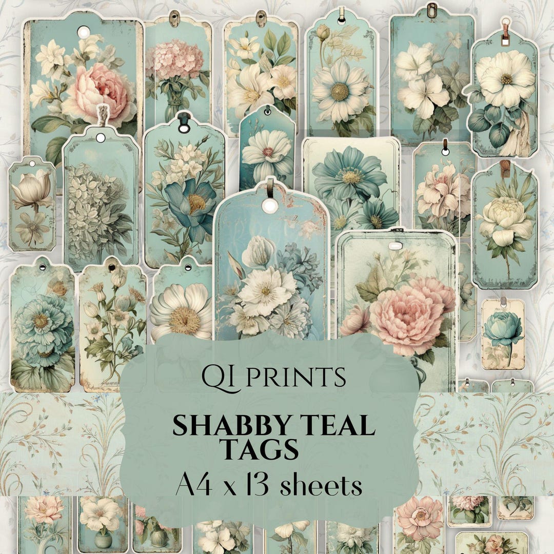 Teal Floral Digital Download Prints, Printables, Shabby Teal Tags ...