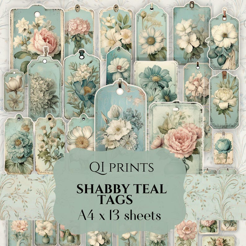 Teal Floral Digital Download Prints, Printables, Shabby Teal Tags ...
