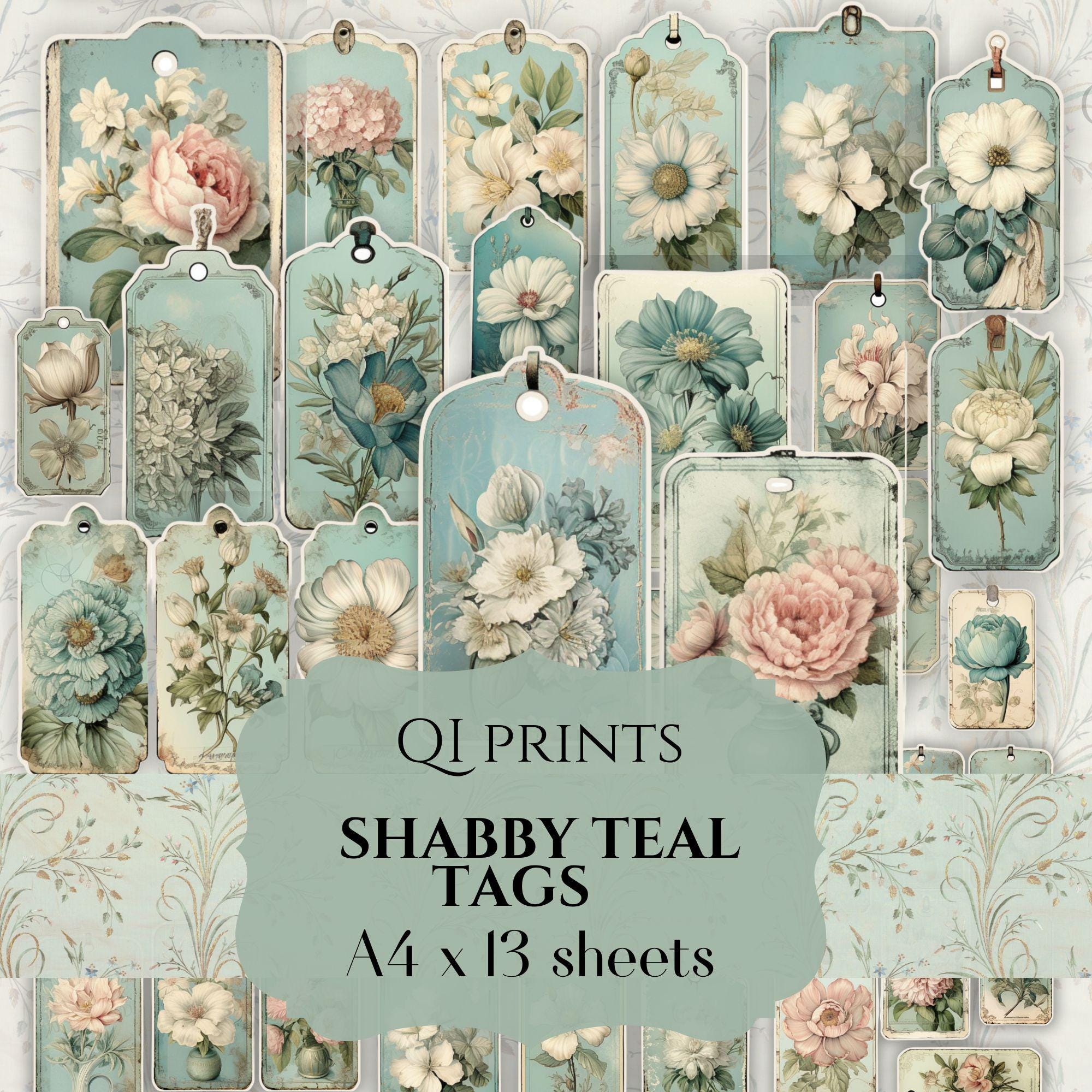 Teal Floral Digital Download Prints, Printables, Shabby Teal Tags ...