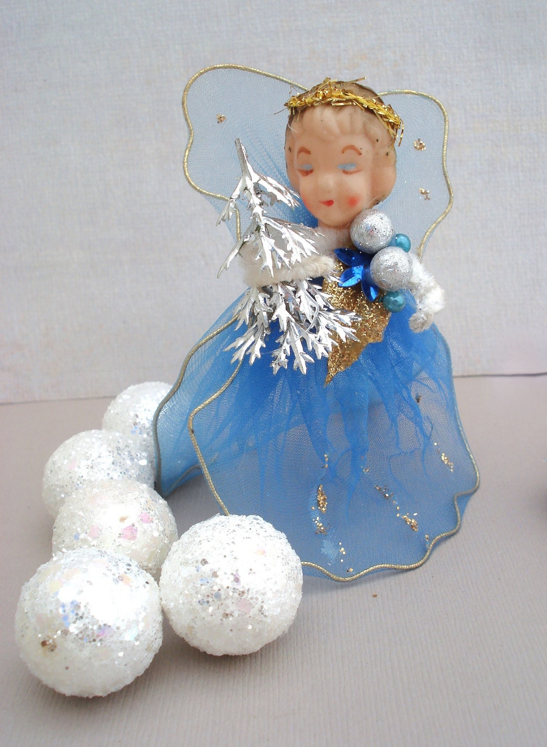 Vintage Chenille Pipe Cleaner Angel Ornament 1950 Blue Wired Mesh Angel ...