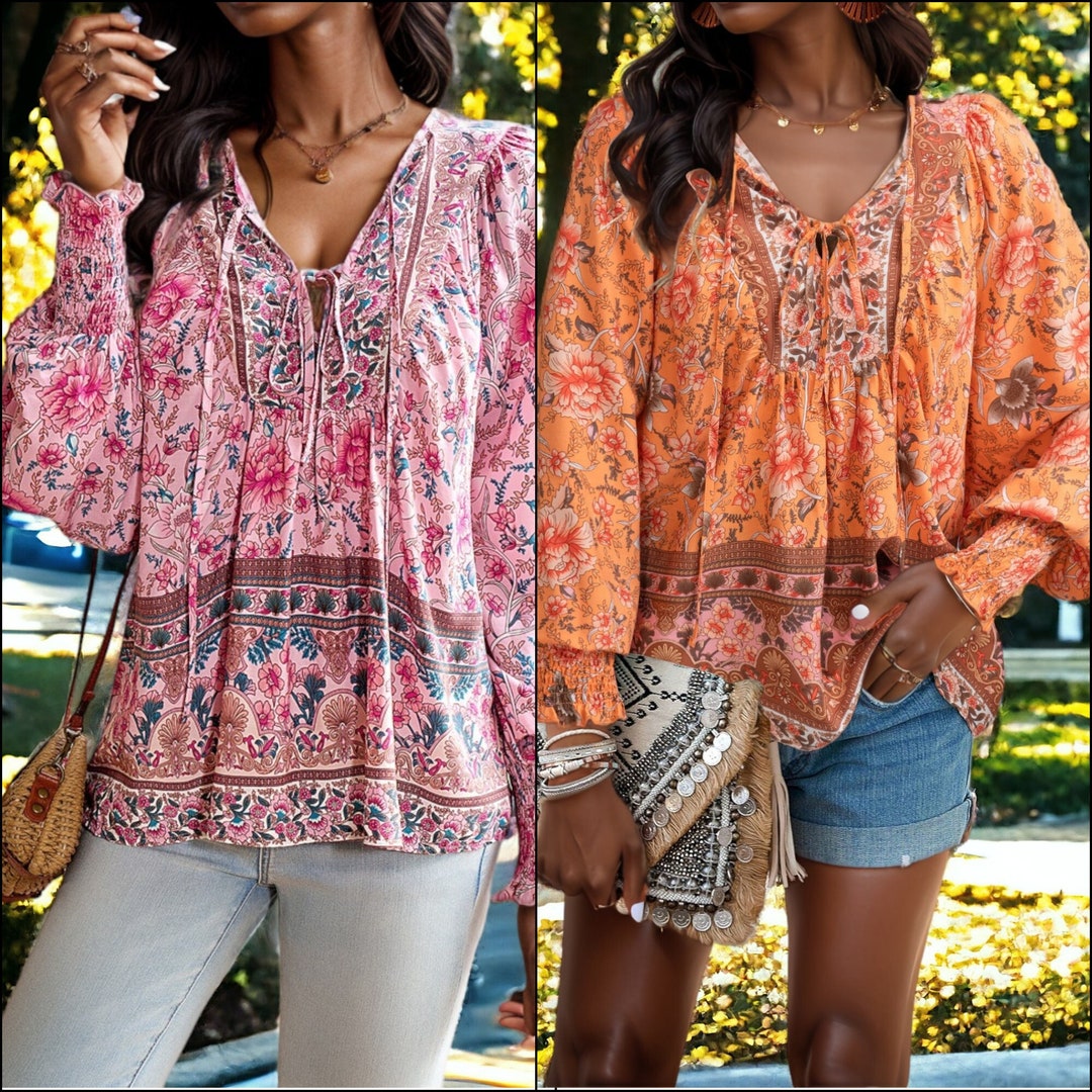 Boho Floral Spring Blouse, Summer Blouse Long Sleeve, Bohemian Floral ...