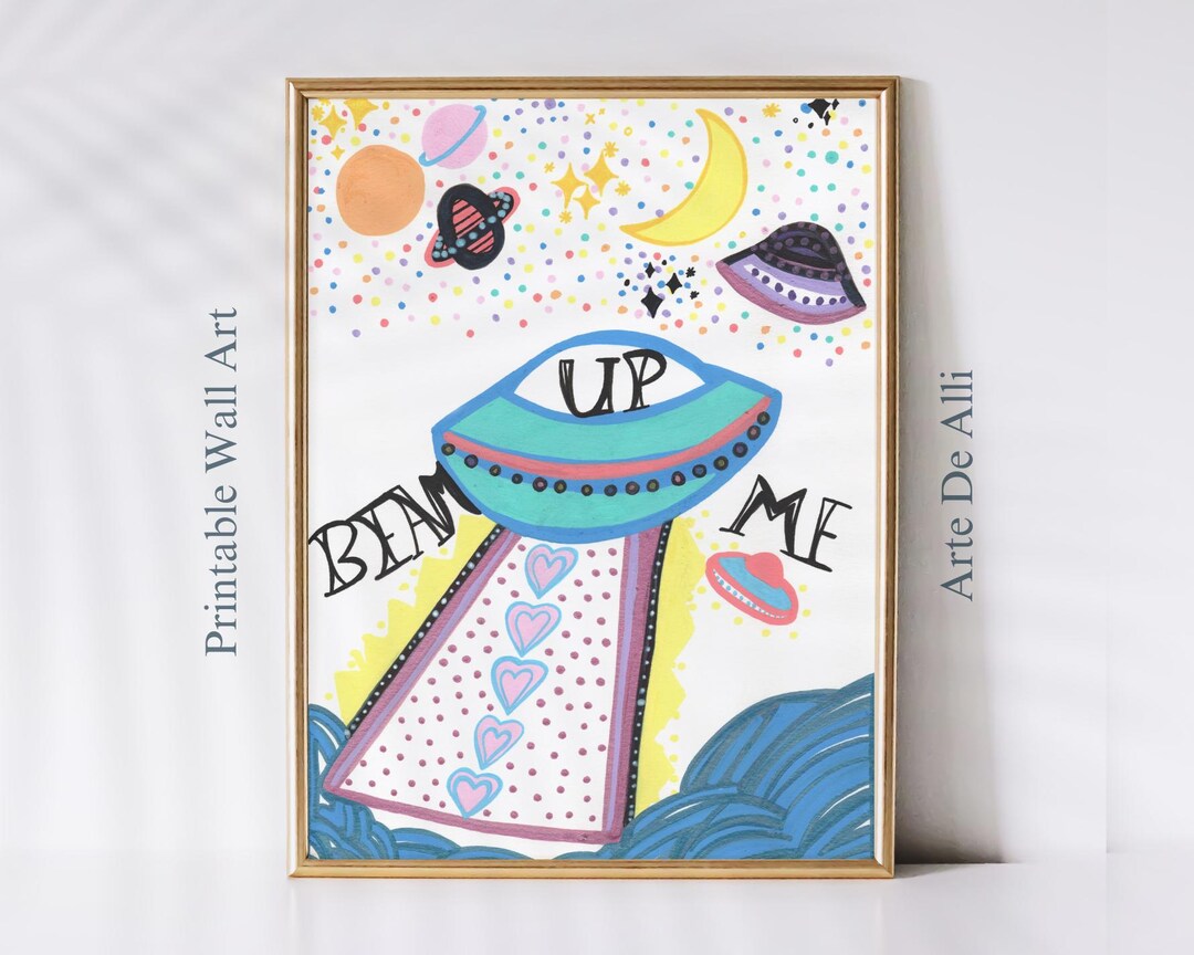 Funny Alien Hand-painted Printable Wall Art for Kids Room, UFO Alien ...