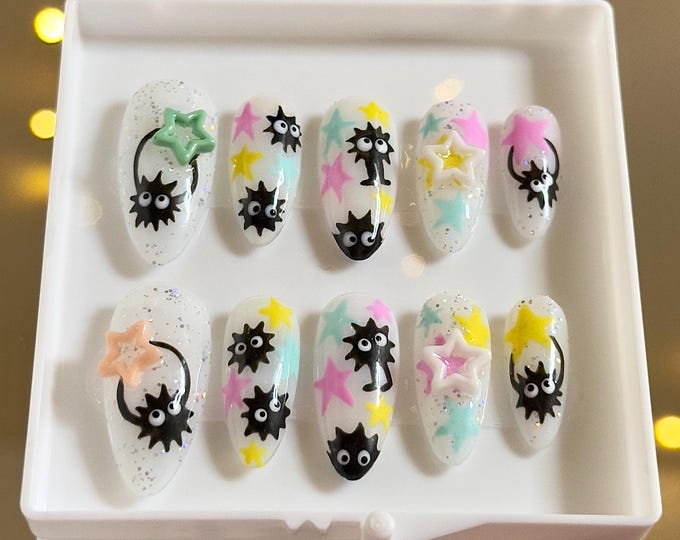 3D Soot Sprite Ghibli Press on Nails | Kawaii Ghibli Nails | Studio ...