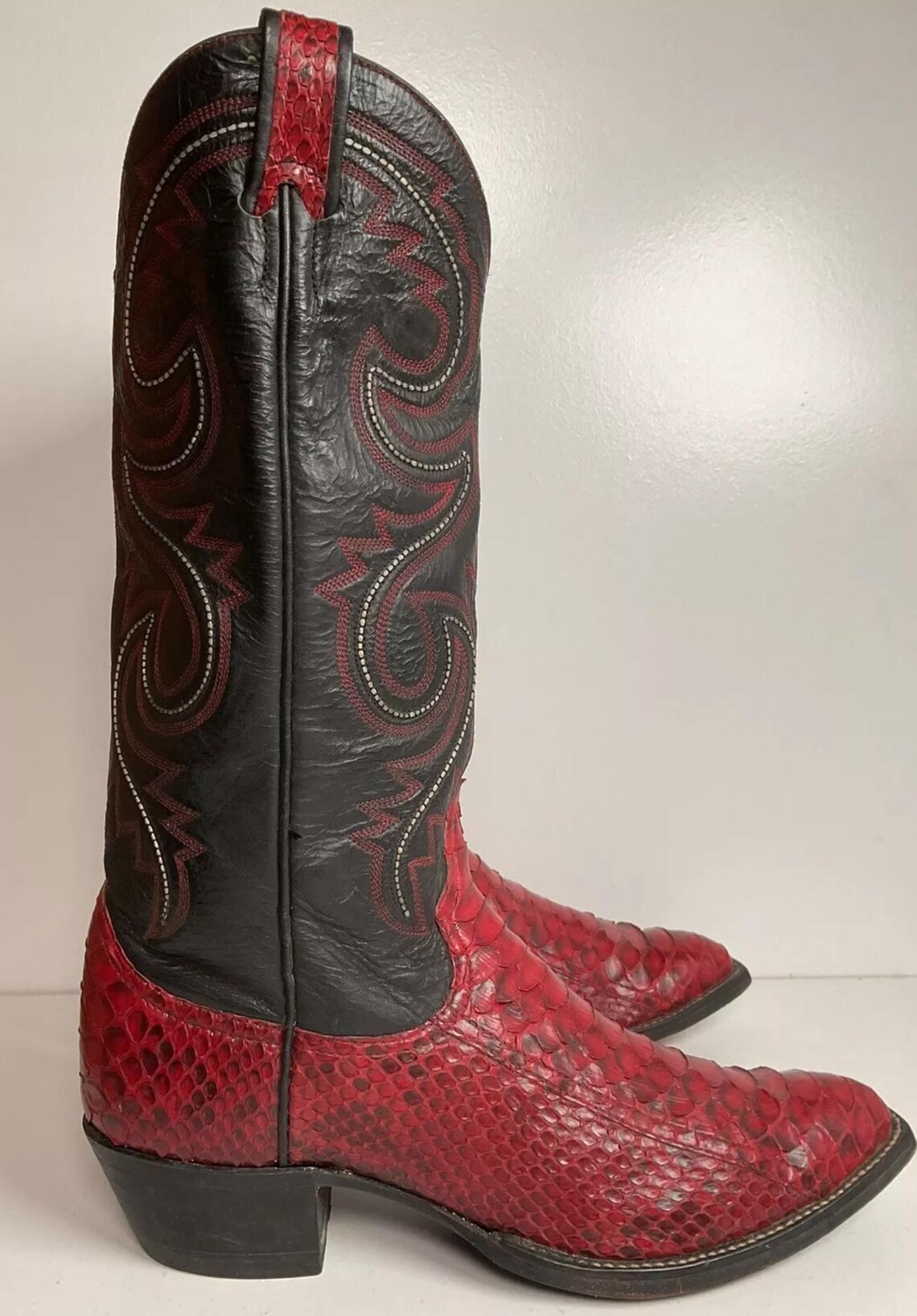 Vintage Larry Mahan Cherry Red Python Snakeskin Cowboy Boots 9.5 D Back ...
