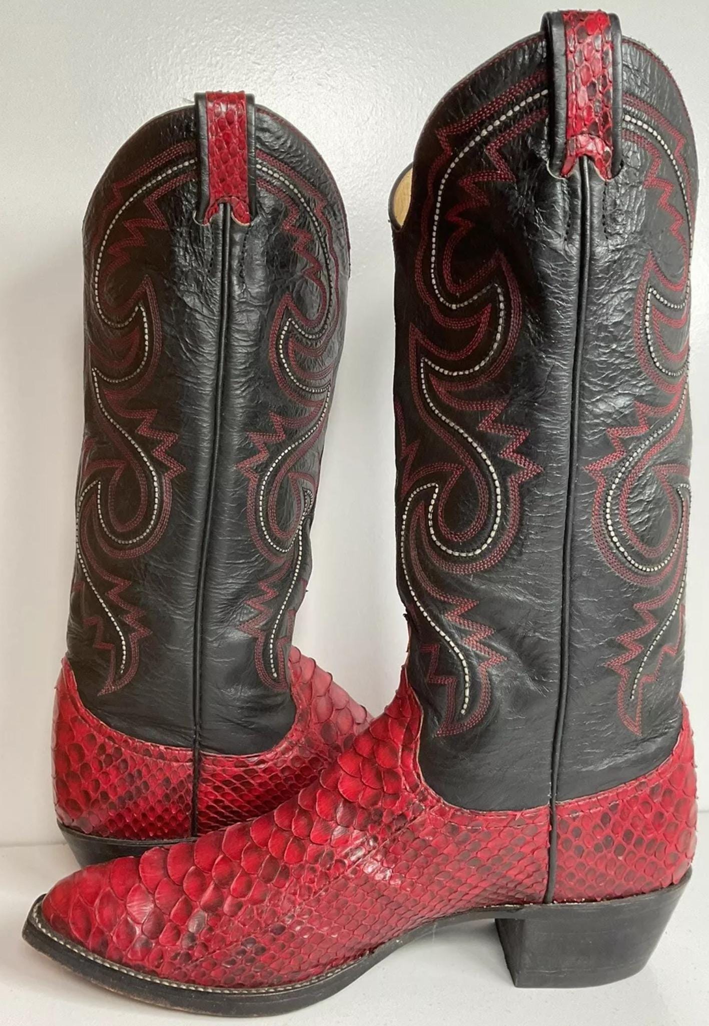 Vintage Larry Mahan Cherry Red Python Snakeskin Cowboy Boots 9.5 D Back ...
