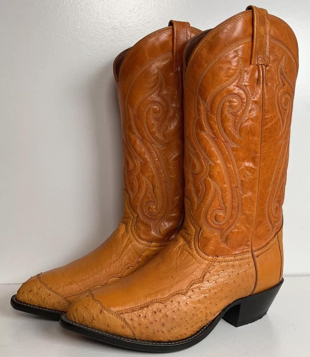 Tony Lama Wingtip Ostrich Cowboy Boots 8 EE Butterscotch Exotic White ...