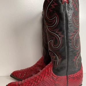 Vintage Larry Mahan Cherry Red Python Snakeskin Cowboy Boots 9.5 D Back ...