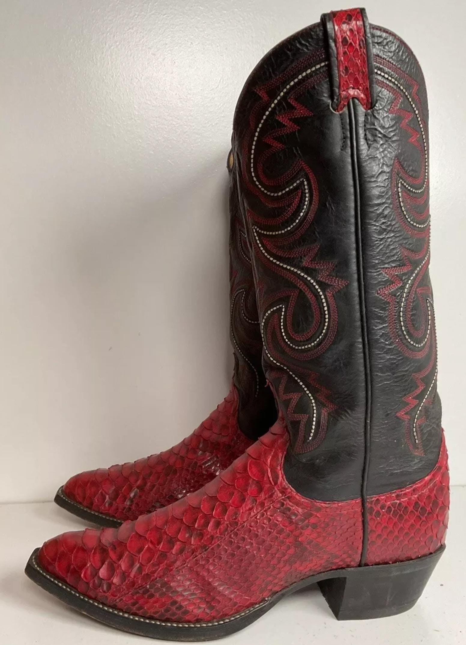 Vintage Larry Mahan Cherry Red Python Snakeskin Cowboy Boots 9.5 D Back ...
