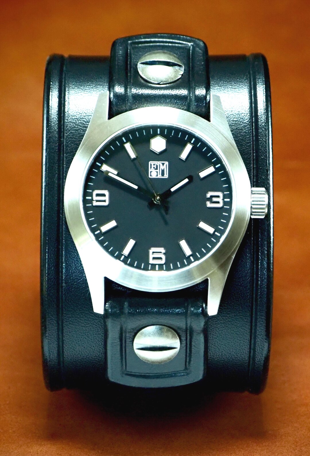 Black Leather Cuff Watch : Vintage Style Black Italian Leather Wide ...