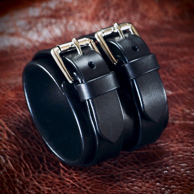 Handmade Black Bridle Leather Cuff Bracelet: Double Strap, Buckle ...