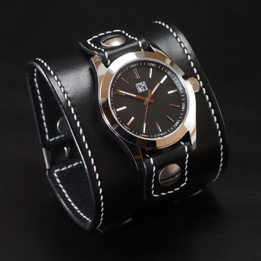 Black Leather Cuff Watch : Vintage Style Handstitched Bridle Leather ...