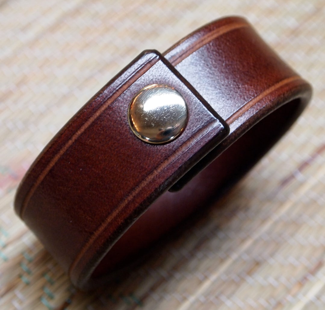 Brown Leather Bracelet : Snap Cuff American Bridle Leather. Scribed ...
