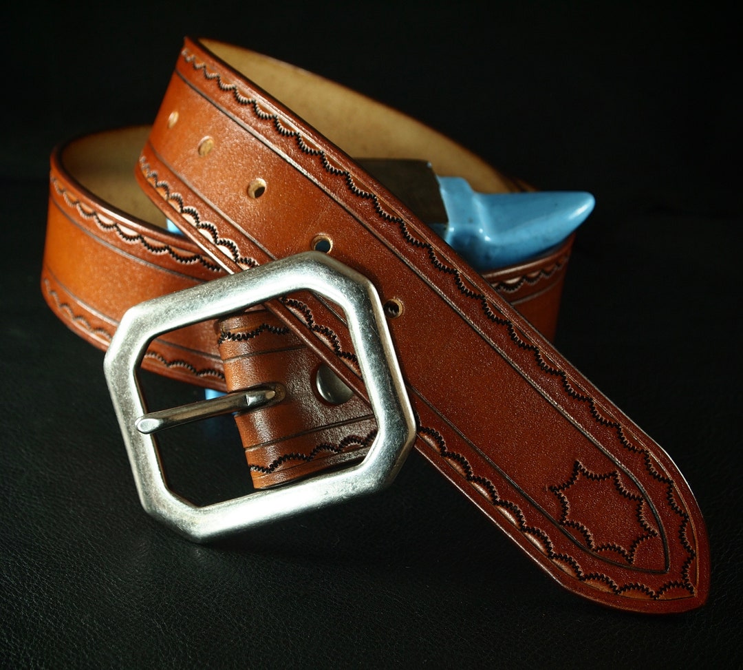Light Brown Leather Tooled Belt Made in New York - Etsy