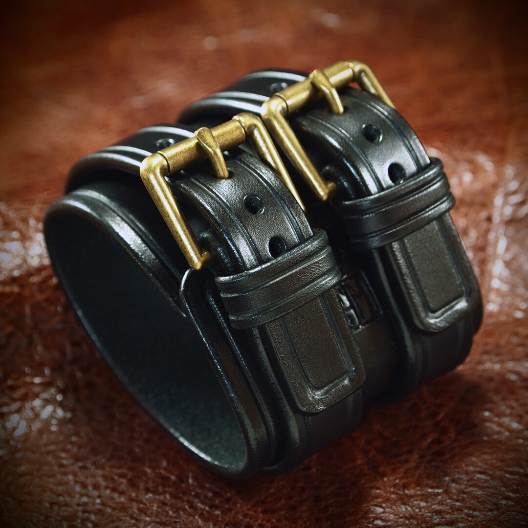 Black and Brass Leather Cuff Bracelet : Luxurious Bridle Leather Double ...