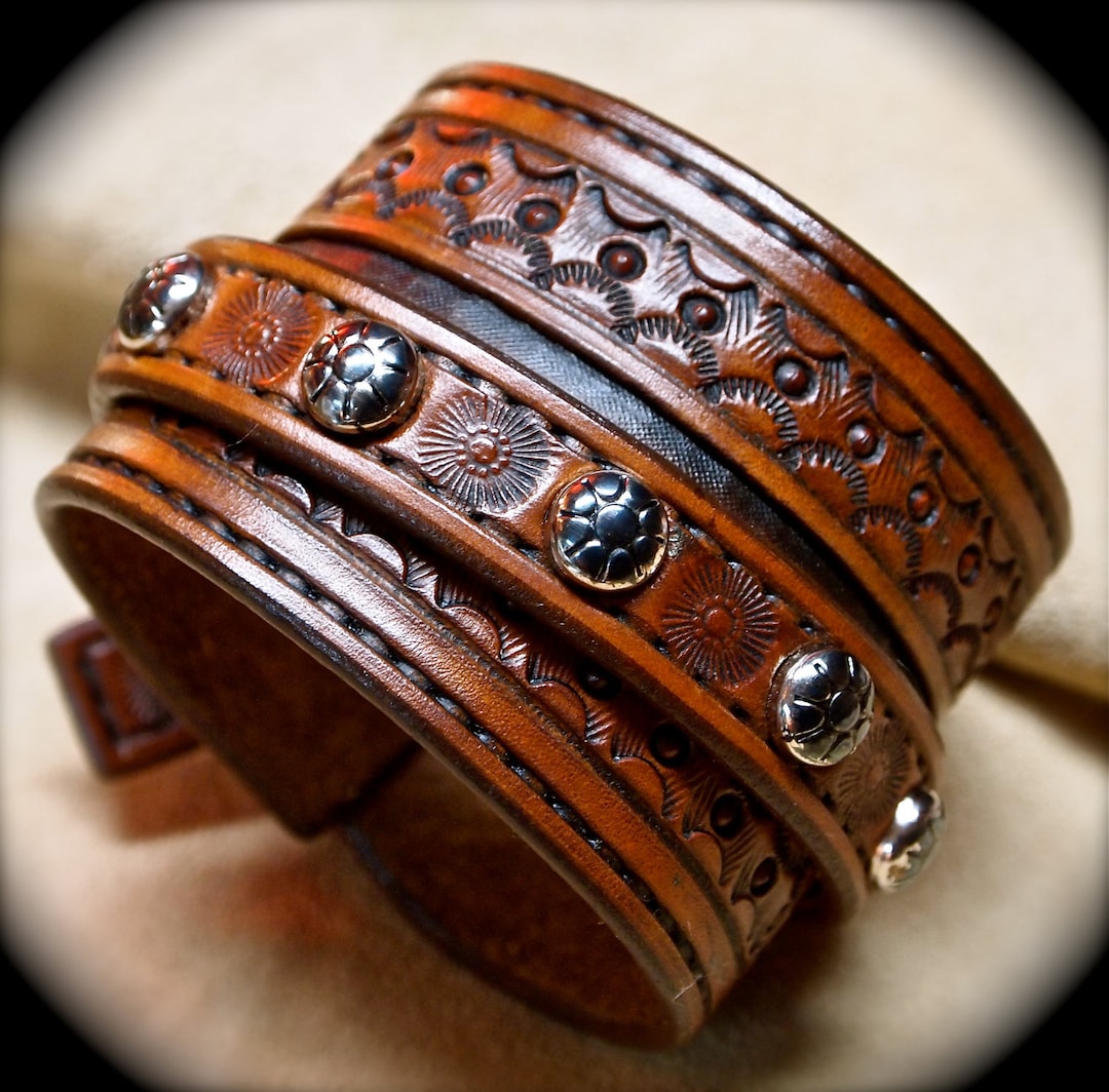 Hand Tooled Leather Cuff Bracelet: Custom Suntan Brown, Silver Conchos ...