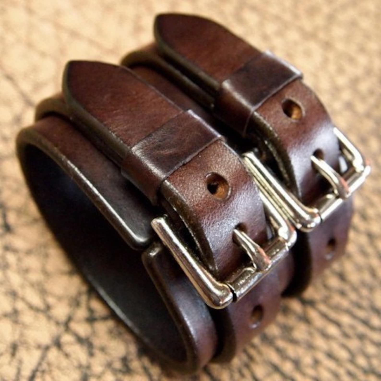 Brown Leather Cuff Bracelet: Double Strap Bridle Leather, Handmade in ...