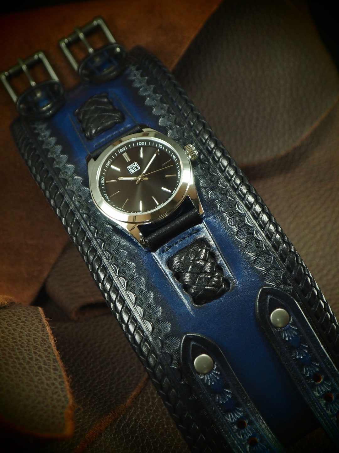 Black and Blue Leather Cuff Watch: Fully Laced Special // Wide, Slick ...