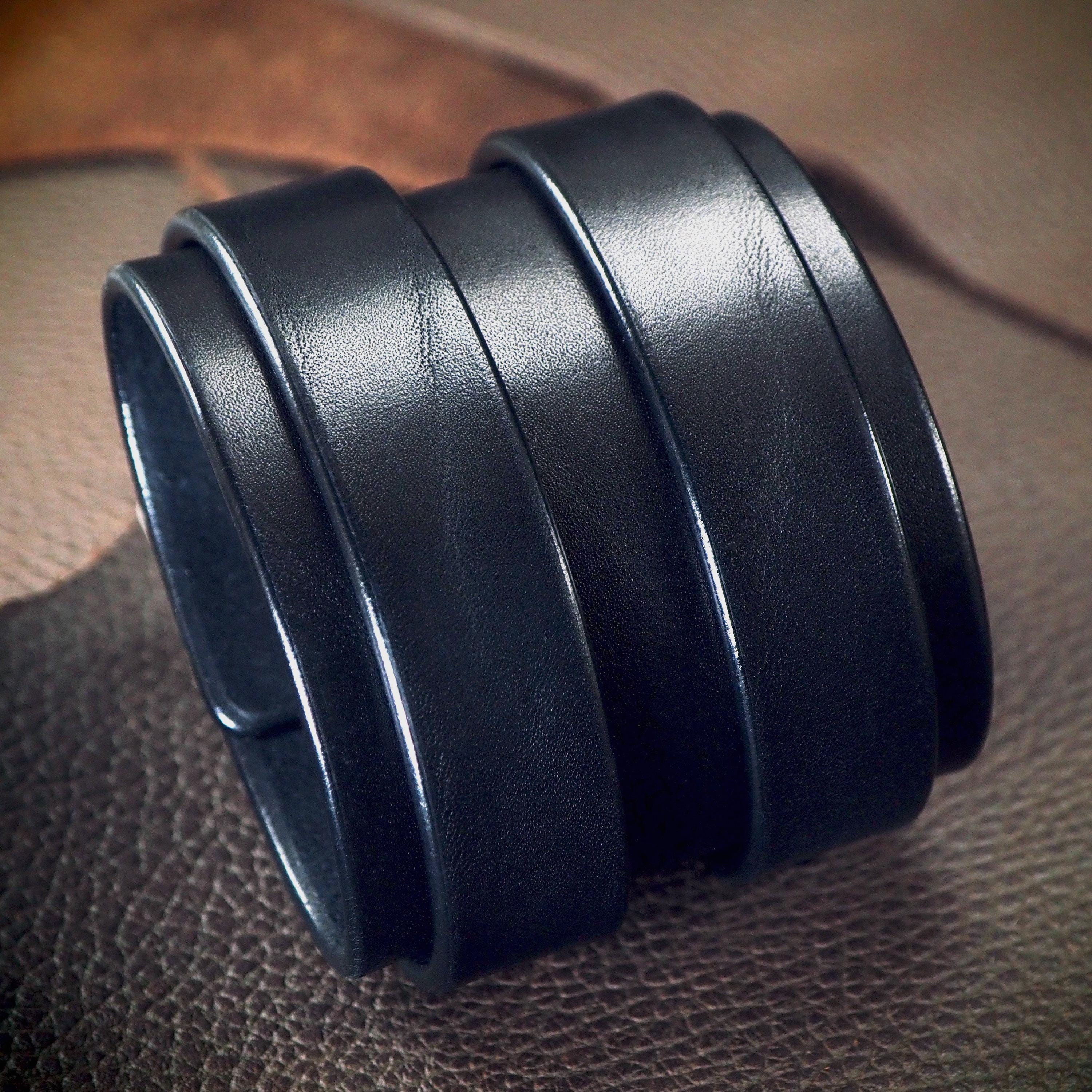 Handmade Black Bridle Leather Cuff Bracelet: Double Strap, Buckle ...