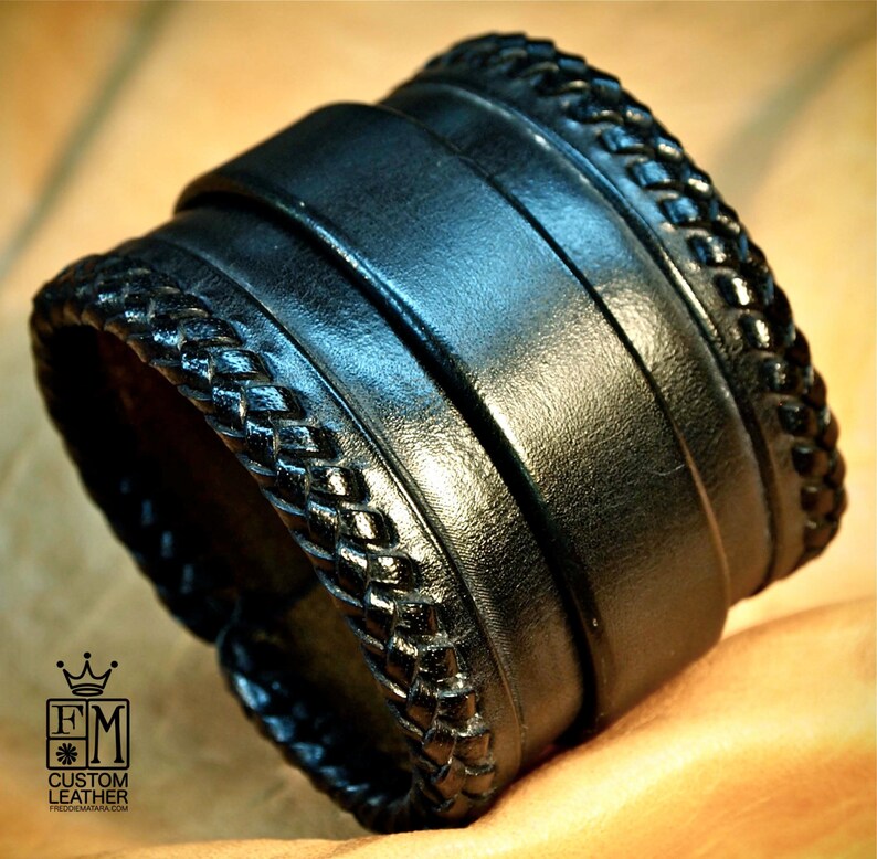 Black Leather Cuff Bracelet Hand Made In New York With Laced Etsy