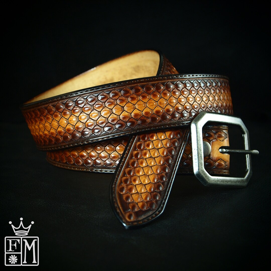 Sunburst Brown Leather Belt : Hand Tooled Snake Skin. Custom Made for ...