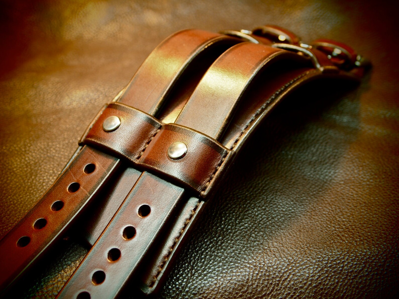Brown Leather Cuff Bracelet : Wide Double Buckle Studded Wristband ...