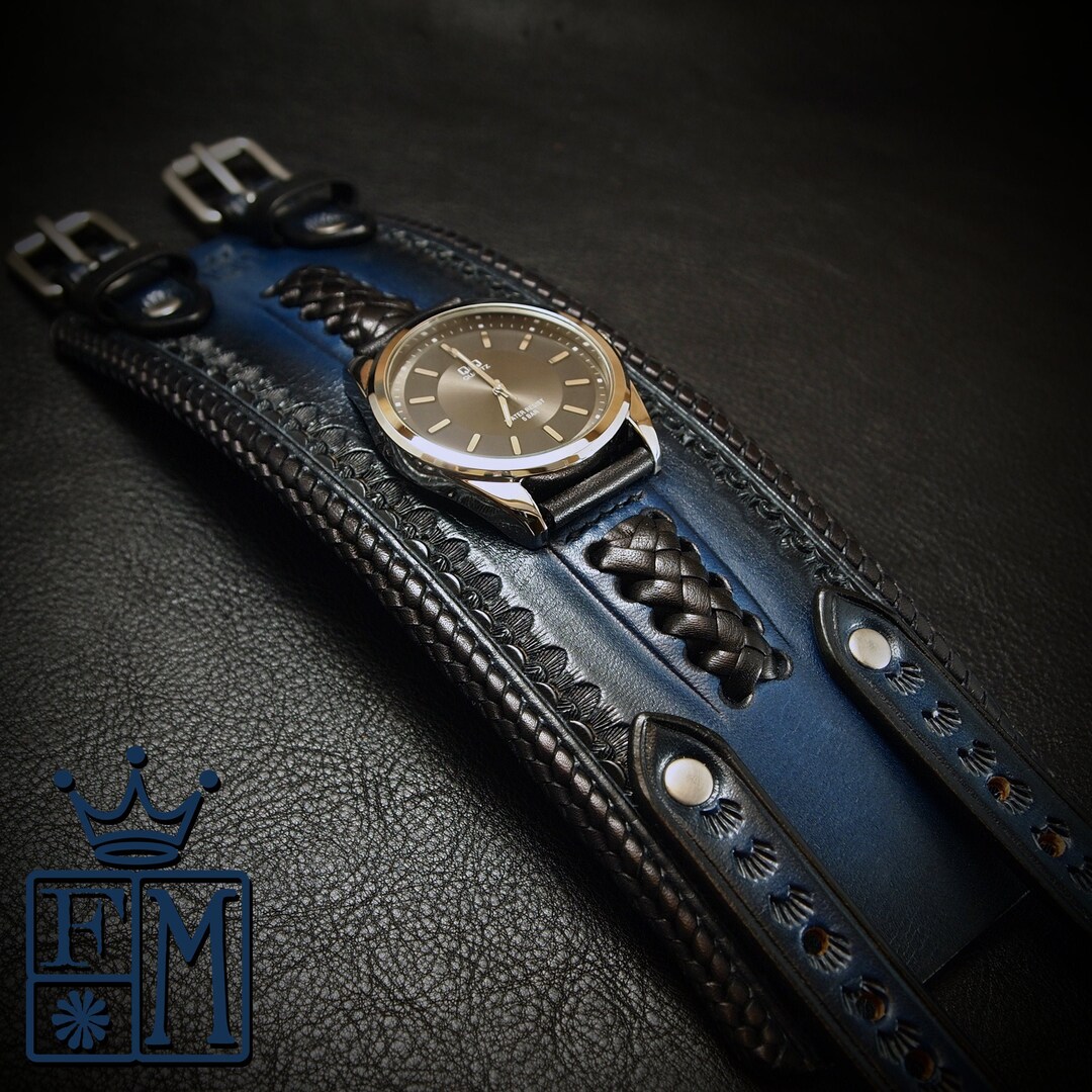 Black and Blue Leather Cuff Watch: Fully Laced Special // - Etsy