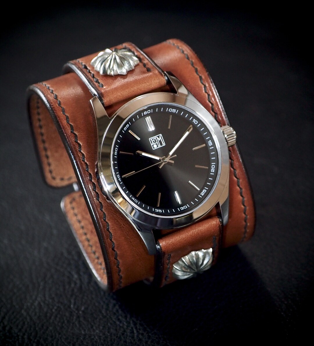 Rich Tan Leather Cuff Watch, Tuscan Leather, Vegetable Tanned, Freddie ...