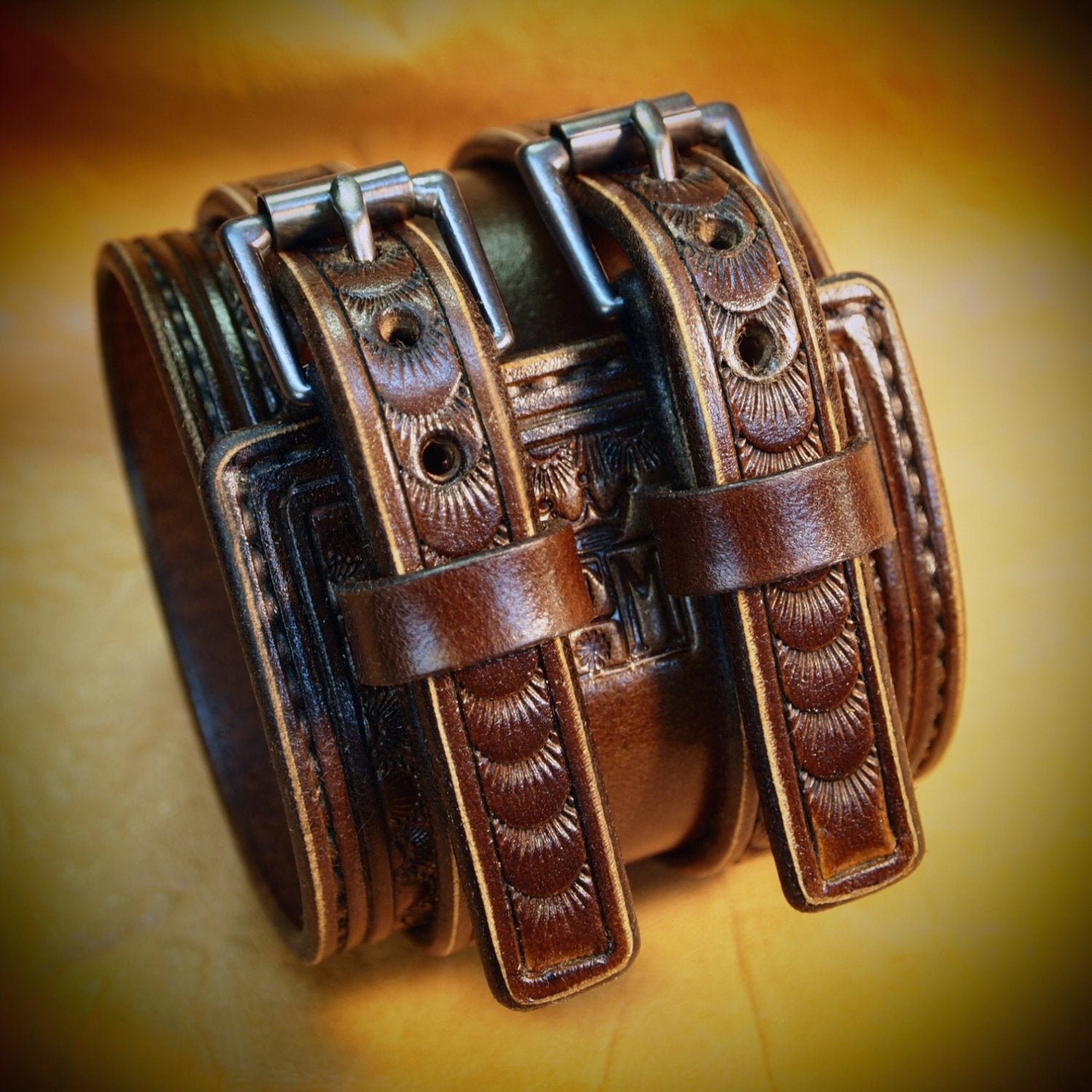 Hand Tooled Brown Leather Wrist Cuff: American Western Rockstar Style ...