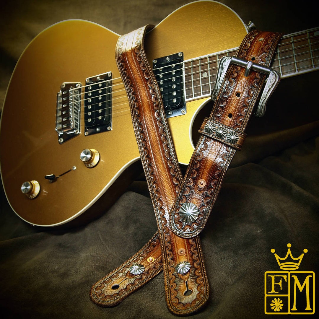Handmade Brown Leather Guitar Strap: Tobacco Sunburst, Tooled Western ...