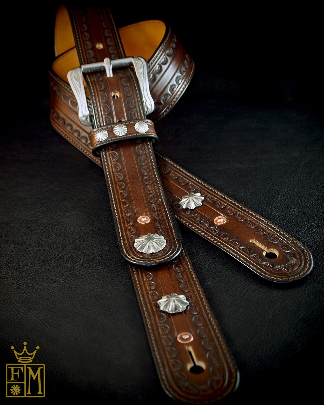 Handmade Brown Leather Guitar Strap: Vintage Walnut, Tooled Western ...